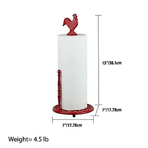 Linen Store  Cast Iron Paper Towel Holder with Dispensing Side Bar, Free-Standing Heavy Duty Kitchen Decor Beautiful Farmhouse Rooster Design - Red