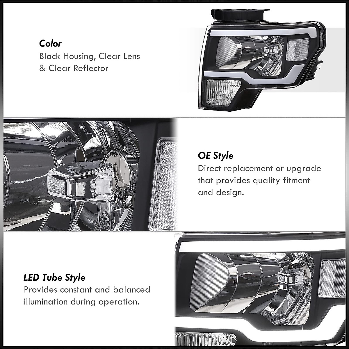 AJP Distributors LED DRL Tube Bar Driving Head Lights Lamps Halogen Bumper Signal Housing Assembly Pair Left+Right Compatible/Replacement For F-150 F150 2009 2010 2011 2012 2013 2014 09 10 11 12 13 14