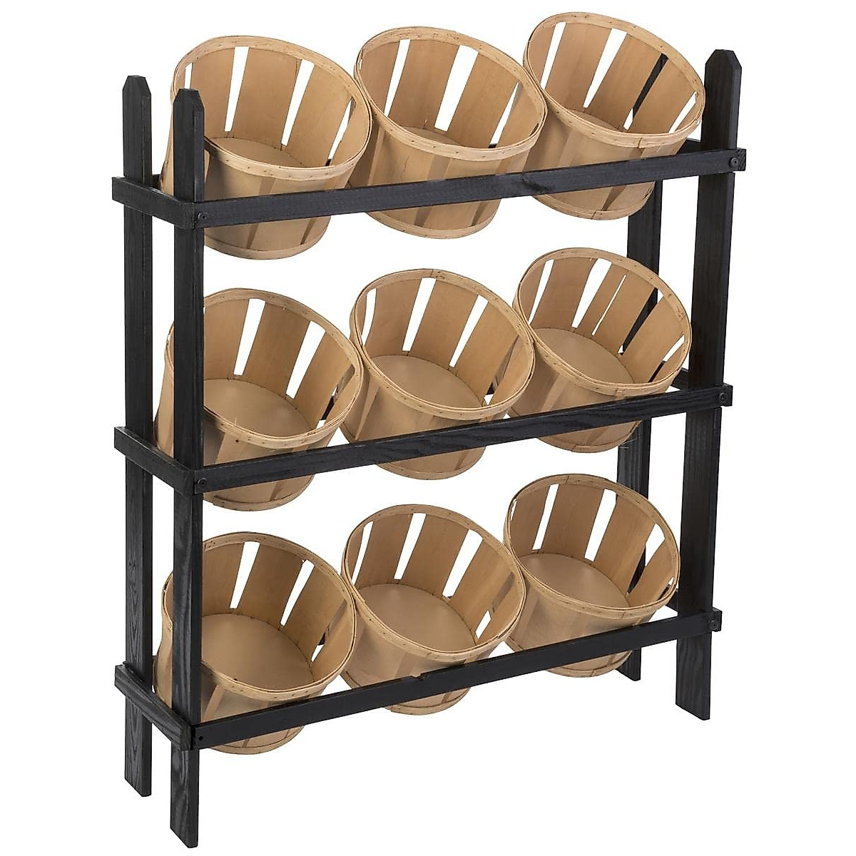 Displays2go Rustic Wooden Merchandising Rack, Three Levels, Nine Baskets - Black Frame (PN9BKTBLK)