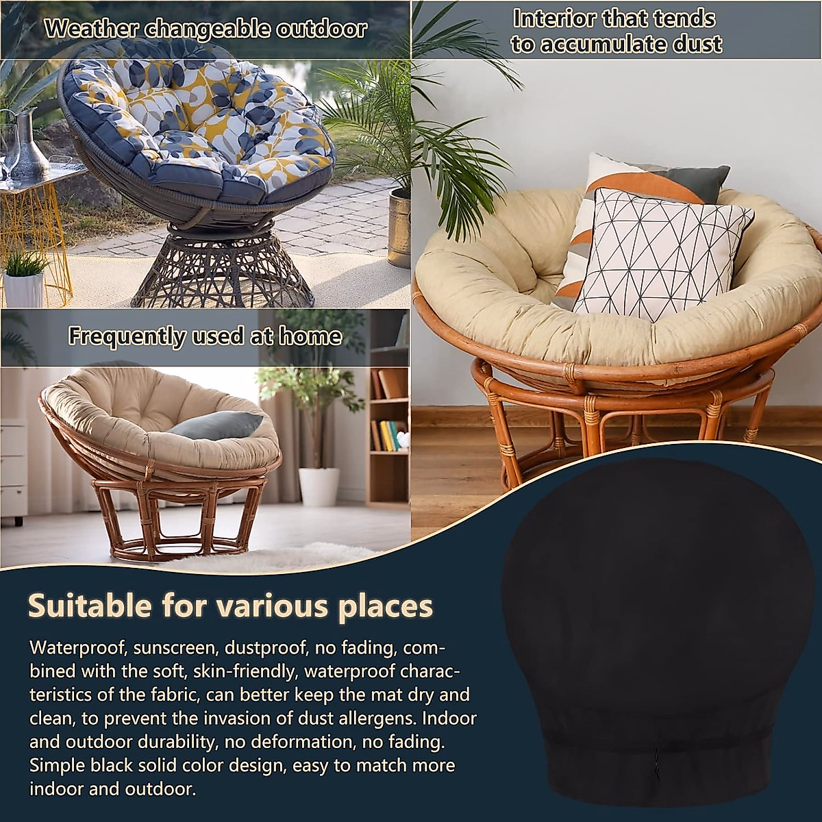 TORUTA Papasan Chair Covers 47" Black 420D Waterproof Material Patio Outdoor Furniture Wicker Saucer Rocking Swivel Chair Slip Covers Protection