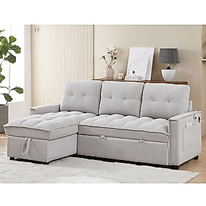 ERYE L-Shaped 3-Seaters Reversible Sleeper Sectional Sofa W/Pull Out Couch Bed and Storage Chaise for Living Room, Chenille Tufted Upholstered Convertible Sofabed with USB and Type-C Charging Ports