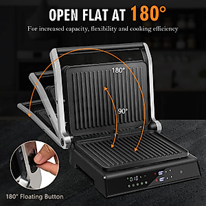 COSTWAY Electric Panini Press Grill, 1200W Sandwich Maker with Non-Stick Double Sided Plates, Independent Temperature Control & Removable Drip Tray, Opens 180 Degrees to Fit Any Size of Food