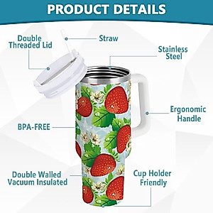 Wfrish Tumbler with Handle and Straw Lid,Red Ripe Strawberry Flowers Blue 40 oz Insulated Coffee Cup Stainless Steel Fruit Water Bottle Travel Mug Cupholder Friendly,Gifts for Women Men