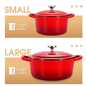 Enameled Cast Iron Dutch Oven Set with Lids, 2pcs Cast Iron Pot, 6QT & 1.5QT Enamel Cookware Pot, Red