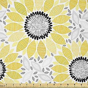 Lunarable Sunflower Fabric by The Yard, Abstract Shapes Floral Pattern Stripe Petals Summer Blossom Illustration, Stretch Knit Fabric for Clothing Sewing and Arts Crafts, 1 Yard, Black Yellow