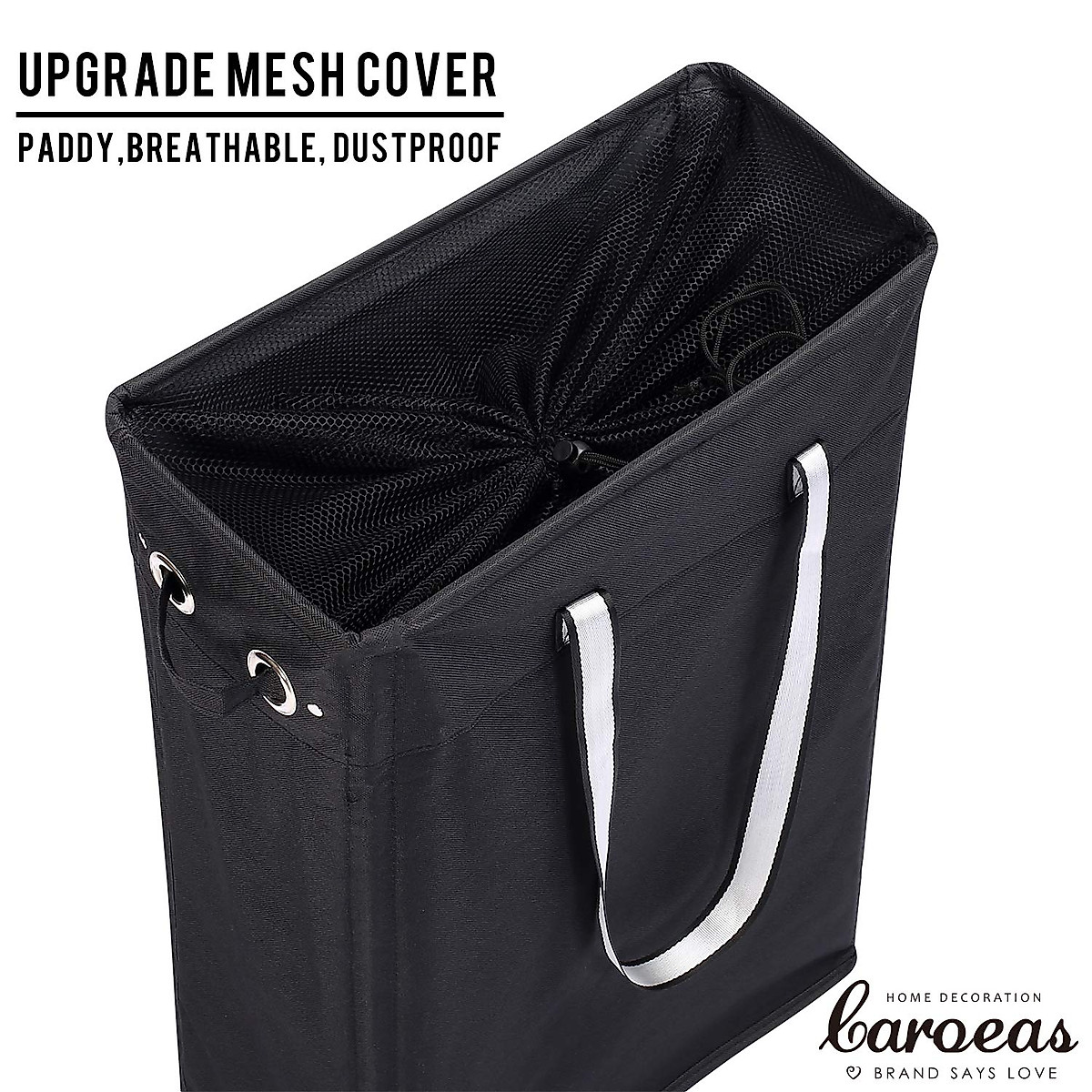 Cloth Clothes Basket, Caroeas 24" Handy Hanging Laundry Basket Tall & Slim Hamper Waterproof Laundry Bag Collapsible Travel Laundry Bag with Breathable Mesh Cover & Soft Handle Laundry Hamper (Black1)