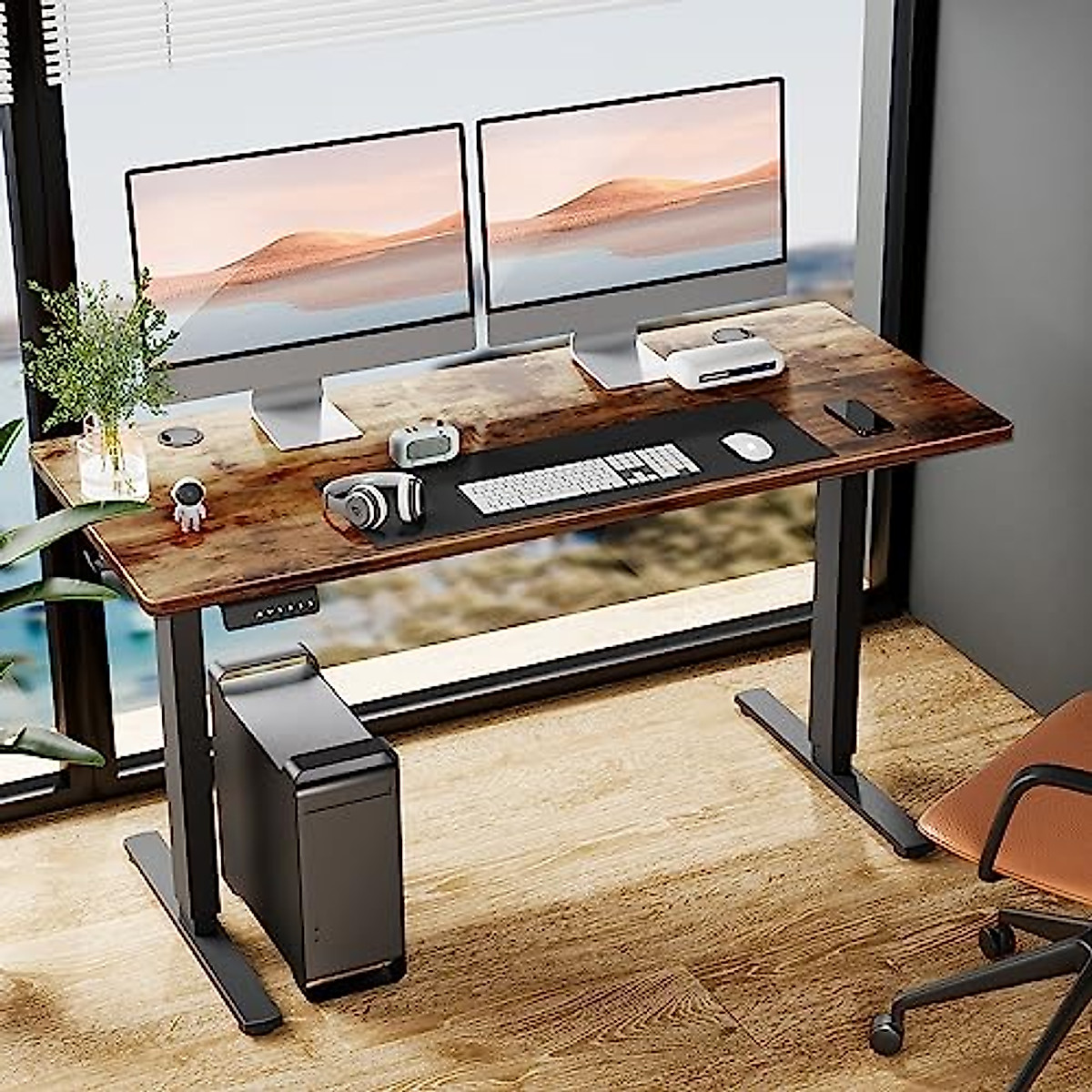 SMUG Electric Standing Desk with Memory Preset, Ergonomic Height Adjustable Table with T-Shaped Metal Bracket Modern Computer Workstations for Home Office, 4024, Rustic Brown