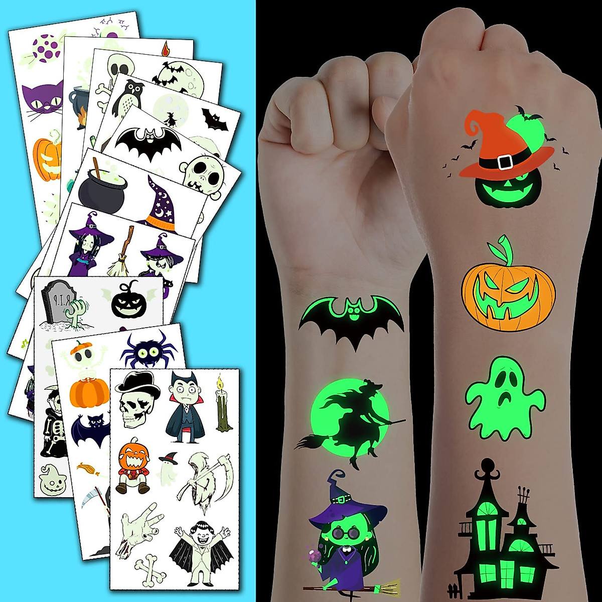 JCFIRE Halloween Temporary Tattoos for Kids, Glow in Dark Tattoos Stickers with Pumpkin Skull Ghost Monster for Halloween Party Favors Decoration