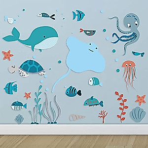 Ocean Fish Wall Decals Under The Sea Wall Decals Stickers with Whale Octopus Stingray Sea Stars Turtle Shells and Sea Kelps for Kids Room Daycare Classroom Playroom