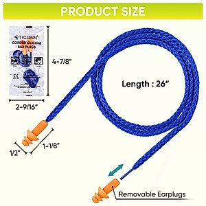 TICONN 100 Pairs Reusable Silicone Ear Plugs for Sleeping Noise Cancelling, 25dB NRR Corded Earplugs for Study Concentration Travel (100 Pairs)