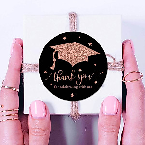 Rose Gold Black Graduation Thank You Stickers, Congrats Grad Party Favor Sticker Labels 40-Pack 2in