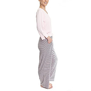 Hanes Women's Butter Knit 3/4 V-Neck Sleep Top and Pajama Pant Lounge & Sleep Set Pink/Stripe