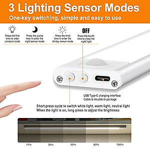 Holen Darrel Under Cabinet Lights Motion Sensor Light Wireless Battery Powered LED Counter Closet Lighting, USB Rechargeable Night Light for Kitchen Hallway Stairway Wardrobe Vanity 2 Pack 11.8 inch