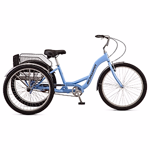 Schwinn Meridian Adult Tricycle Bike, Mens and Womens Three Wheel Beach Cruiser, 26-Inch Wheels, Low Step-Through Frame, Wide Seat, Rear Folding Basket, 1-Speed, Periwinkle