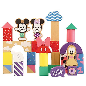 Just Play Disney Wooden Toys Mickey Mouse & Friends Block Set, 28-Piece Set Includes Mickey Mouse, Minnie Mouse, and Pluto, Kids Toys for Ages 18 Month