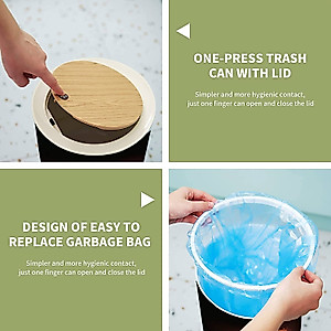 IBPNKFAZ89 Small Trash Can with Lid Soccer Ball in Fire Isolated on Black Garbage Bin Wood Waste Bin Press Cover Round Wastebasket for Bathroom Bedroom Office Kitchen