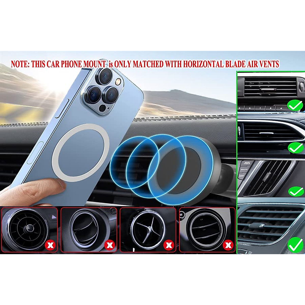 Ywecan Magnetic Car Mount for iPhone 14/13/12 Series - Upgraded Metal Hook with Over-Twisted Rotation Protection, Super Strong 20X Magnets