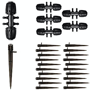 25PCS Drip Irrigation Kits, 5 Barbed Tee 1/2 inch to 1/4 inch Irrigation Tube Variable Diameter Six-Way Adapter and 20 Dripper Emitters Sprayer for 4mm/7mm Hose with Stake Water Flow Adjustable