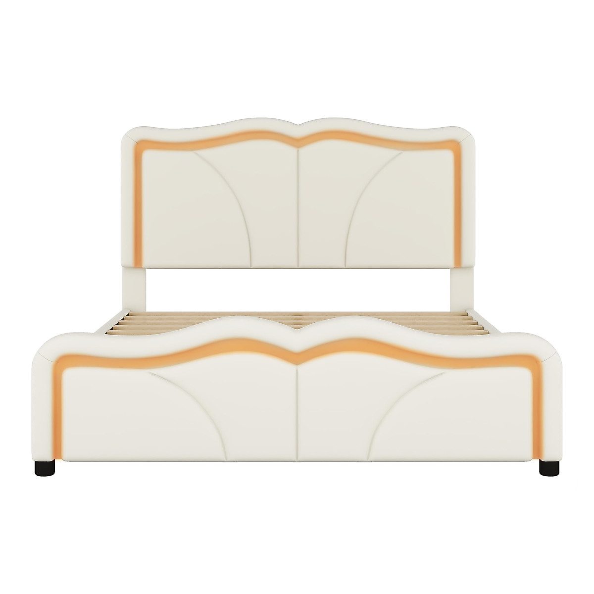 Full Size PU Upholstered Platform Bed,Bed Frame with LED Lights,Bedstead with Adjustable Headboard Height,Suitable for Kids Teenagers, Boys, Girls No Box Spring Needed, Easy Assembly (White, Full)