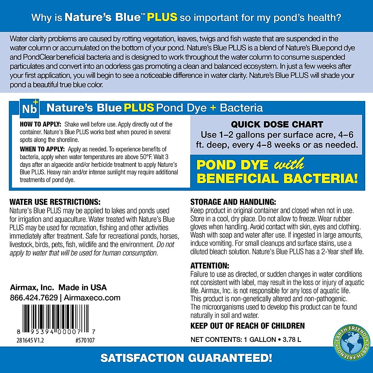 Airmax Nature's Blue Pond Dye Plus with PondClear Beneficial Bacteria, Cleans & Clears Water, Safe for The Environment - 1 Gallon