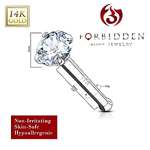 Forbidden Body Jewelry 14k White Gold Nose Ring, 20g, Solid 6mm Stud, 2mm CZ Simulated Diamond, Non-Irritating Skin Safe Real Gold, Women and Men