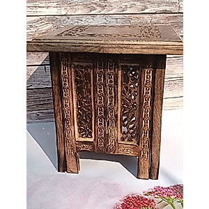 SUNDERSHALA Antique Wooden Square Shape for Adults Hand Carving Foldable Coffee Stool Indoor and Outdoor, Garden Patio Backyard (Brown, 12.76 x 12.68 x 5.55 inches)