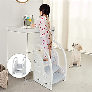 Toddler 3 Step Stool Onasti Kids Standing Tower for Toddlers Plastic Learning Helper Stool for Kitchen Counter Bathroom Sink Toilet Potty Training with Handles and Non-Slip Pads-Grey White