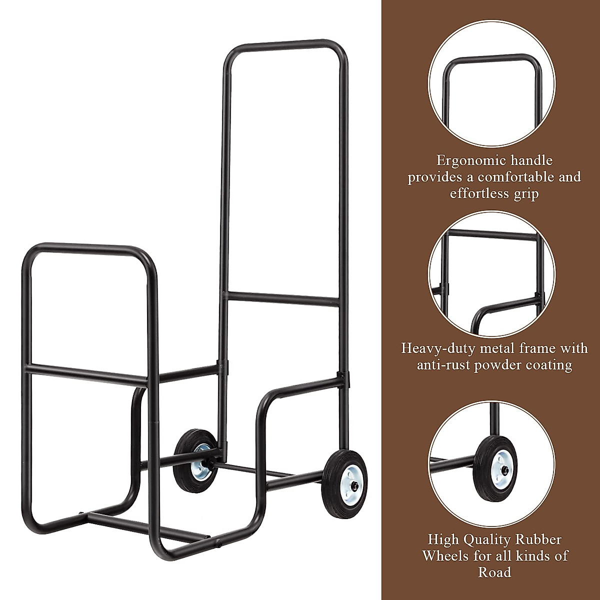 Safstar Firewood Log Cart Carrier, 2.9ft/35” Height Wood Rack Storage Mover w/2 Rubber Wheels & Ergonomic Handle, Heavy-Duty Steel Fireplace Log Carrier Mover, Rolling Firewood Cart for Indoor Outdoor