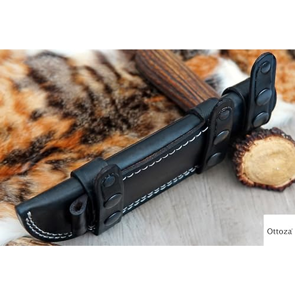 Ottoza Handmade Leather Knife Sheath RIGHT HAND Bushcraft Knife Sheath - Hunting Knife Sheath - Survival Knife Sheath - Fixed Blade Knife Sheath Horizontal Carry Black TOP GRAIN LEATHER No:158