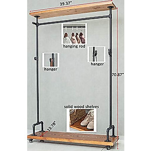 BIXIRAO Industrial Pipe Clothing Rack on Wheels, Rolling Iron Garment Racks with Wood Shelves, Commercial Heavy Duty Clothing Racks, Steampunk Clothes Rack Retail (Two Tiers 002)