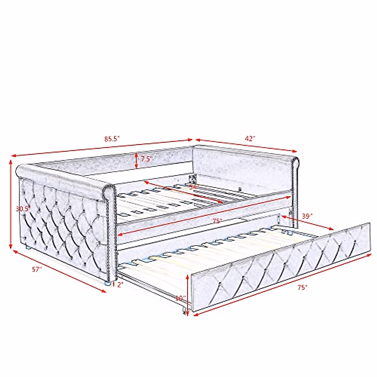 GLORHOME Full Daybed with Trundle Upholstered Tufted Sofa Bed with Button and Copper Nail on Arms,Gray