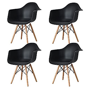KOTEK Dining Chairs Set of 4, Mid Century Modern DSW Arm Chair w/Solid Wood Legs & Soft Cushion, Plastic Shell Side Chairs for Dining Room, Living Room, Kitchen (Black)