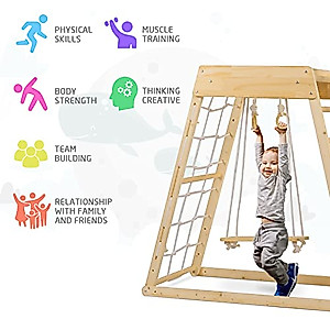 Climber,Indoor Playground Wood Playset 7-in-1 with Jungle Gym, Ramp, Slide, Swing, Swedish Ladder, Pine Wood, Rock Wall Dome for Kids Ages 1+