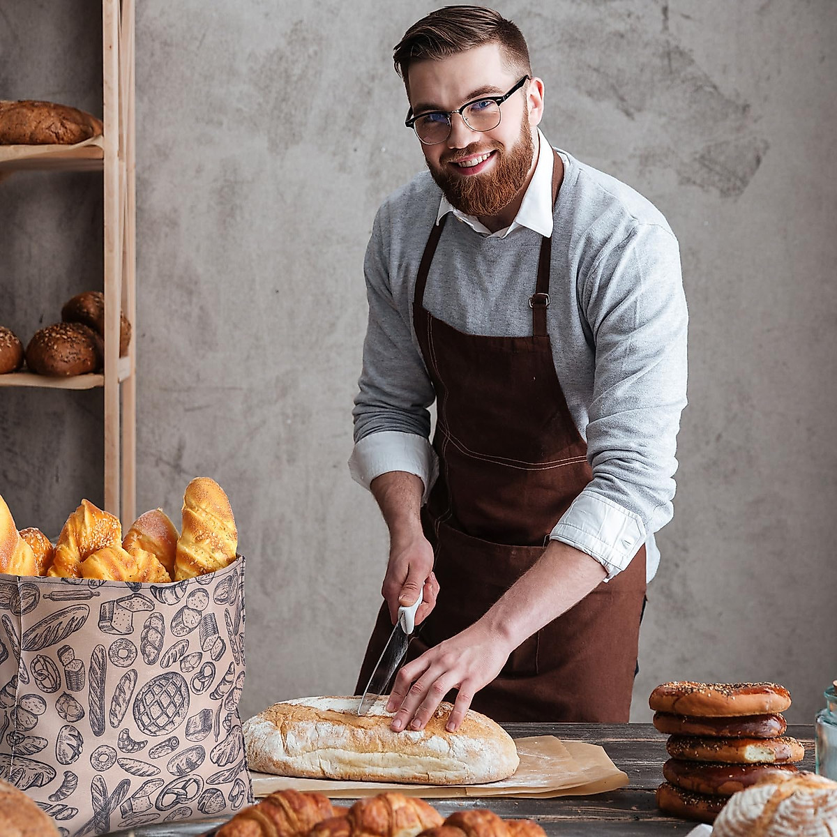 Tioncy 2 Packs Reusable Beeswax Bread Bags Linen Bread Storage Bag with Improved Beeswax Coating Homemade Bread Bags Beewax Food Wraps for Sourdough Bread for Loaf Fresh Freezer Baker Gifts(Brown)