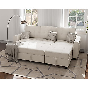 Ucloveria Sectional Sofa Couch, Sleeper Sofa Bed with Reversible Storage Chaise Pull Out Couch Bed for Living Room L-Shape Lounge 2 in 1 Futon Sofa with Side Storage Bag, 49"D x 78.5"W x 49"H, Beige