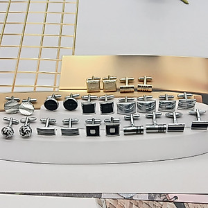 SONNYX 12 Pairs Cufflinks for Men Classic Tone Cuff Links Silver Black Striped Disc Square Rectangle Cuff Links Shirt Suit Men’s Cufflinks For Wedding Groom Business