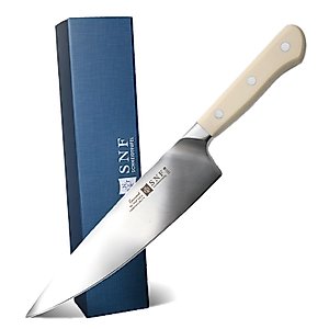 SNFSchneidteufel Gourmet 8 inch Chef Knife Made with X50CrMoV15 German Stainless Steel Blade and White Ergonomic Triple Rivet Classic Handle Design