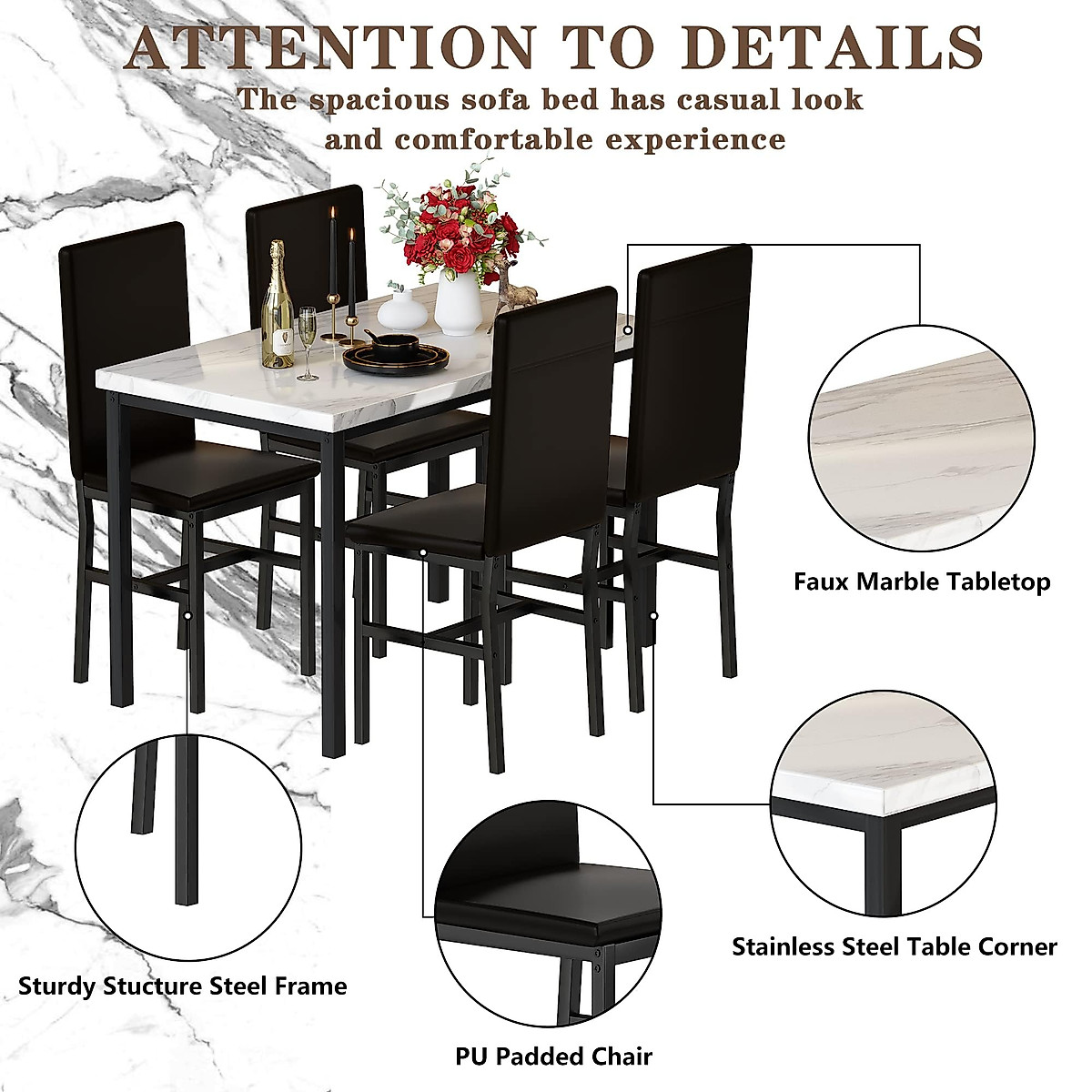 Hooseng Modern 5 Piece Dining Room Furniture Set - White Table with Faux Marble Top and PU Leather Chairs for 4, Apartment, Home Bar, Small Spaces
