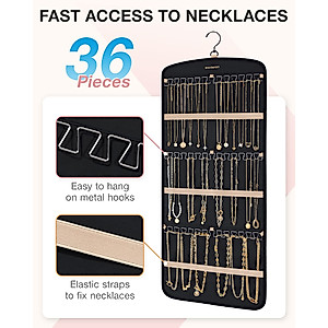 BAGSMART Hanging Jewelry Organizer, Necklace Holder Anti-tangle Earrings Rings Hanger with 20 Jewelry Bags Travel Storage Roll with Pockets Hang on Closet, Wall, Door,1 Piece, Large, Black