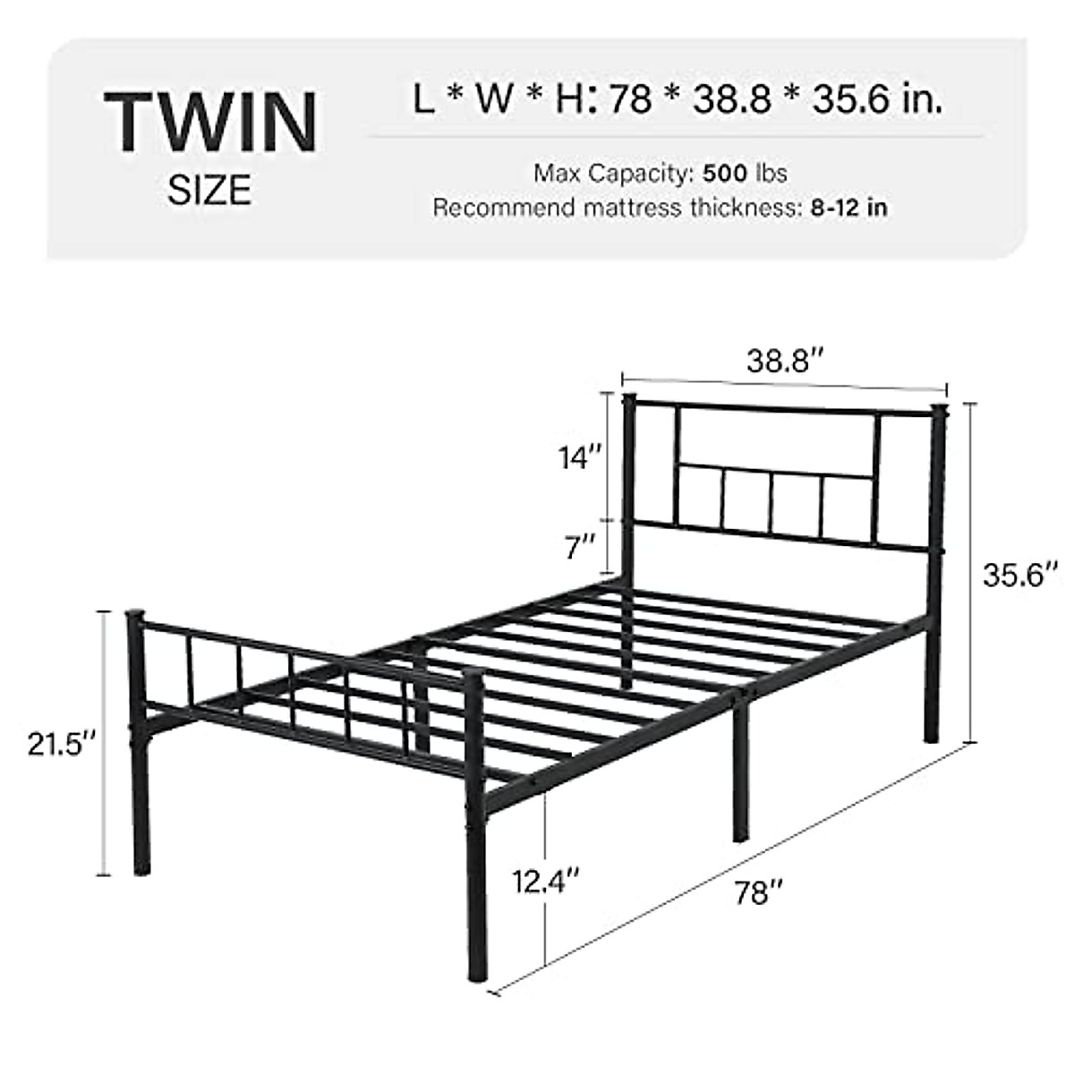Metal Platform Bed Frame Twin Mattress Foundation Heavy-Duty Steel Slat Noise-Free Support with Headboard & Foot Board NO Boxing Spring Needed Under-Bed Storage Easy Assembly, Twin