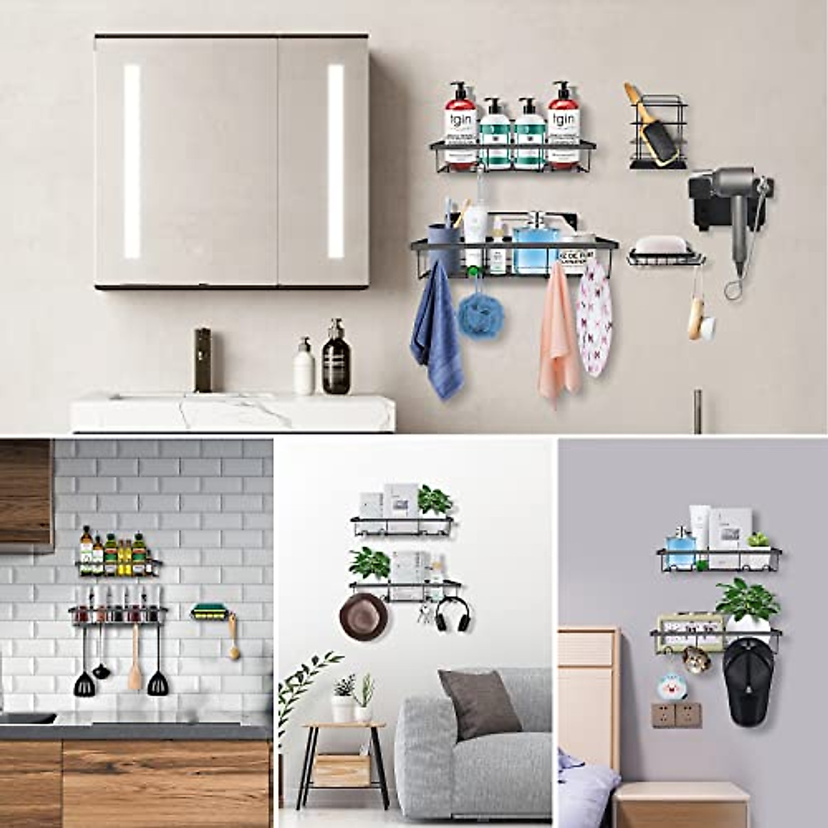 YULIFST 5Pack Shower Caddy Shower Shelves Shelf with Hooks Storage Rack Organizer Stainless Steel Caddy with Hairdryer Holder Soap Holder and Toothbrush Holder for Bathroom, Washroom, Kitchen (Black)