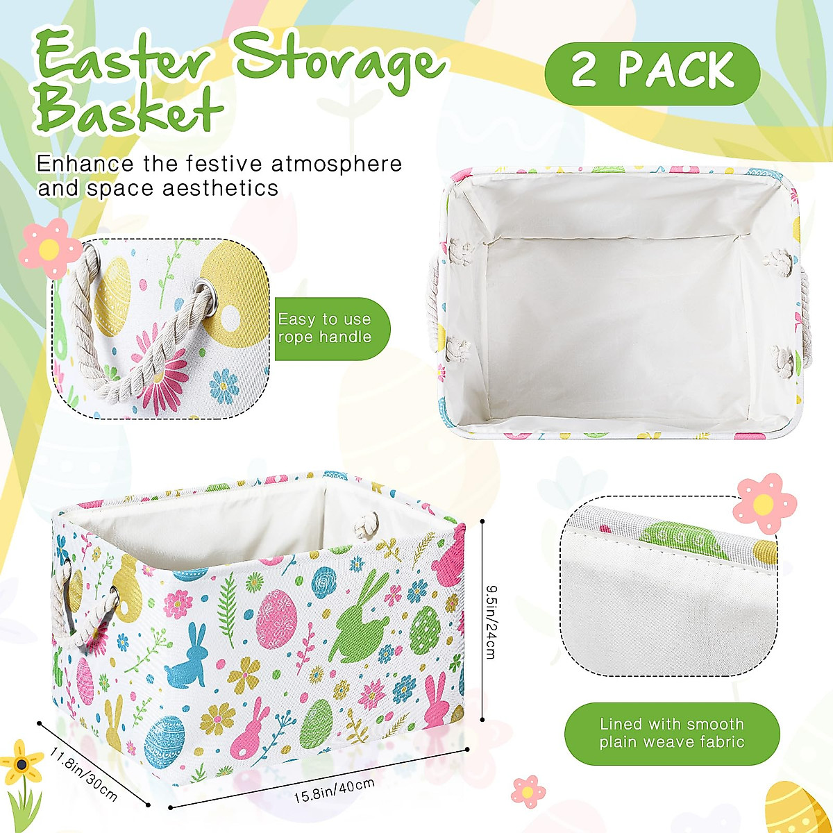 Sunnychicc Easter Basket, Easter Eggs Bunny Flower Foldable Storage Bins with Handles, Easter Canvas Cubes Fabric Collapsible Organizer Bag for Storage Clothes(Bunny Eggs, 2 Pcs)