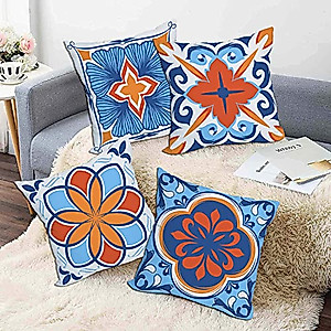 Tlovudori Outdoor Waterproof Throw Pillow Covers Set of 4 Ethnic Floral Printed and Boho Geometry Farmhouse Outdoor Pillow Covers for Patio Furniture Garden 18x18 Inch Blue Orange (18X18Inch, EF-Boho)