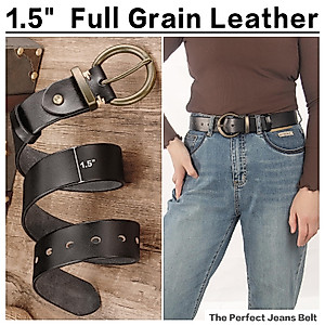 wolksprong Women's 1.5" Wide Leather Belt with Large Brass Buckle - Trendy Vintage Style for Jeans and Pants