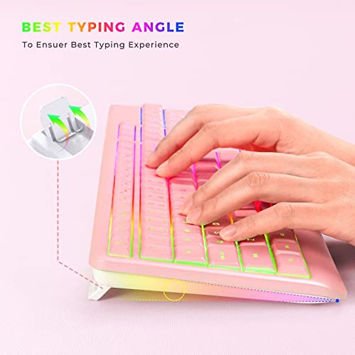 Wireless Keyboard and Mouse Combo Backlit, seenda Rechargeable Full-Size Illuminated 2.4Ghz Silent Keyboard and Mouse for Computer/Laptops/Windows/Gaming, Ice Pink