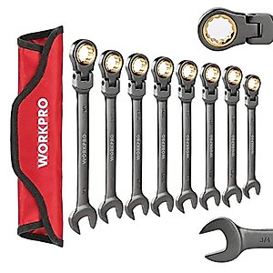 WORKPRO 8-piece Flex-Head Ratcheting Combination Wrench Set, SAE 5/16-3/4 in, 72-Teeth, Cr-V Constructed, Nickel Plating with Organizer Bag