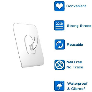 Ninth Five 30 Pack Adhesive Hooks for Hanging, 22lb Heavy Duty Wall Door Hooks, Clear Plastic Sticky Hanging Hook for Home Kitchen Bathroom Office Use
