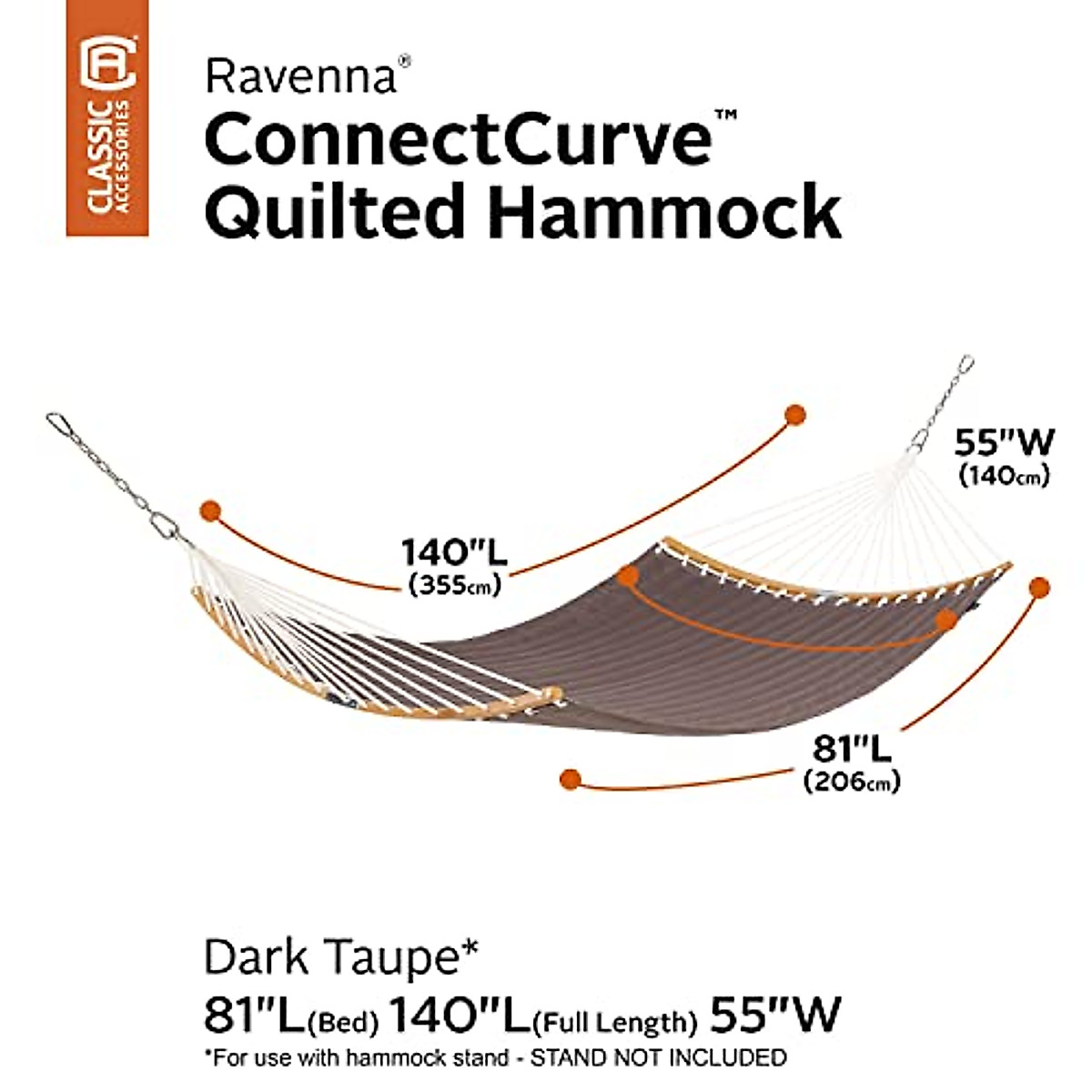 Classic Accessories Ravenna 81 x 55 Inch Quilted Double Hammock, Dark Taupe