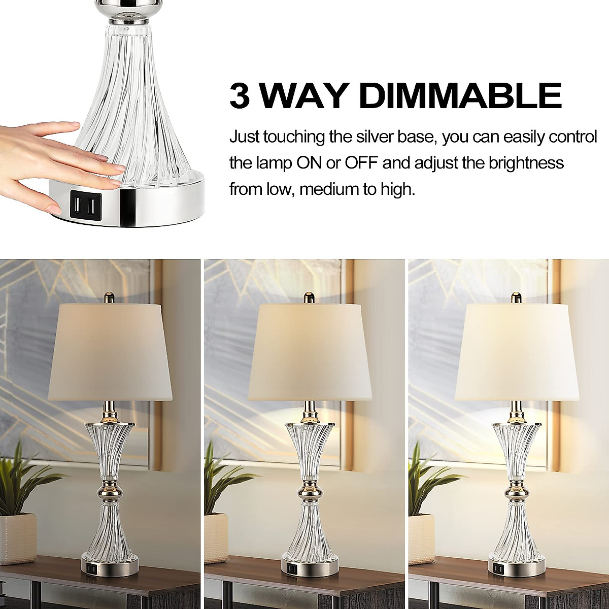 Touch Control Table Lamp for Bedrooms 3 Way Dimmable White Drum Shade Modern Bedsides Nightstand lamp Set of 2 with 2 USB Charging Port(Bulbs Included)