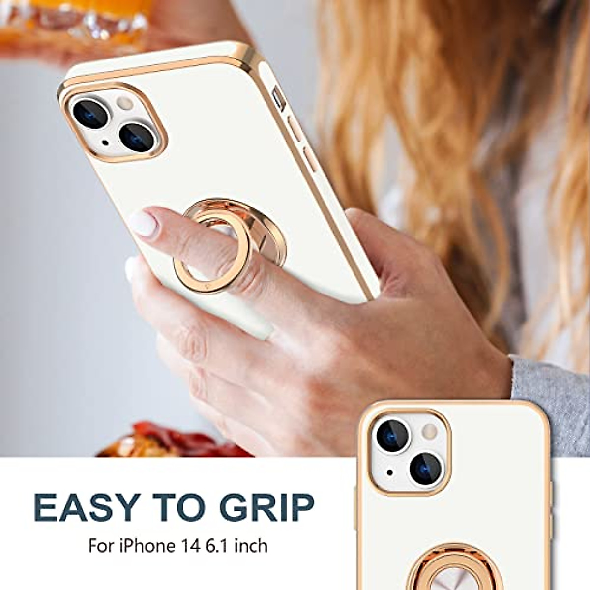 Hython Case for iPhone 14 Case with Ring Stand [360° Rotatable Ring Holder Magnetic Kickstand] [Support Car Mount] Plated Gold Edge Slim Soft TPU Luxury Shockproof Protective Phone Case Cover, White